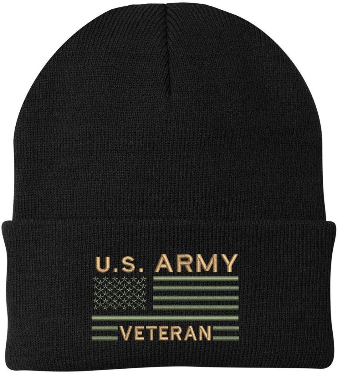 US Army Veteran USA Flag Embroidered Beanie Warm Knit Military Vet ...
