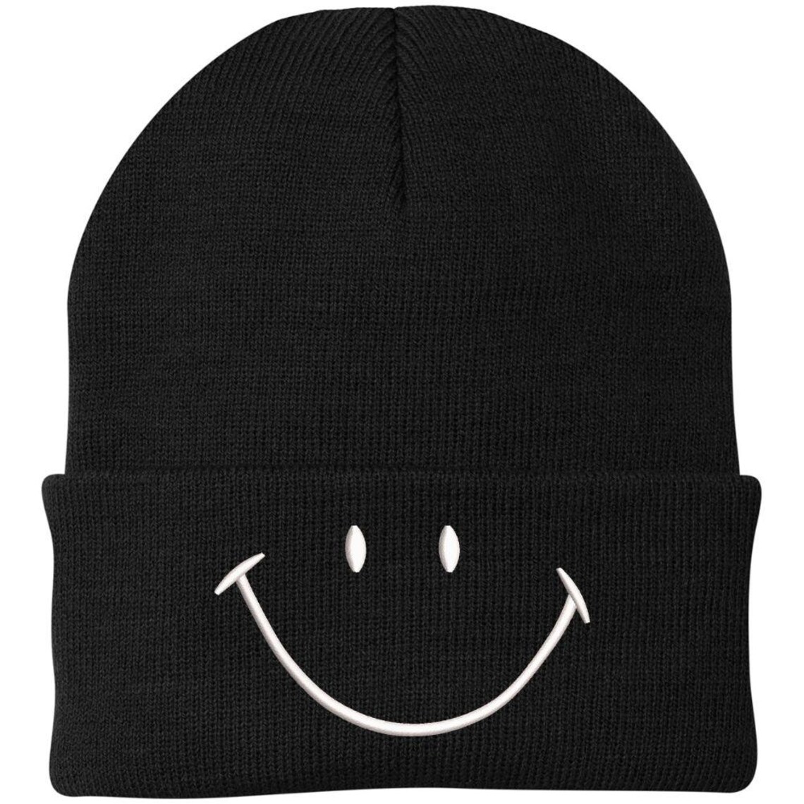 Smiley Face Knitted Cuffed Embroidered Acrylic Beanie Funny Face Winter ...