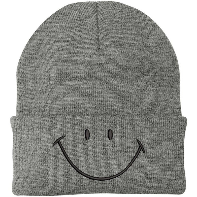 Smiley Face Knitted Cuffed Embroidered Acrylic Beanie Funny Face Winter ...
