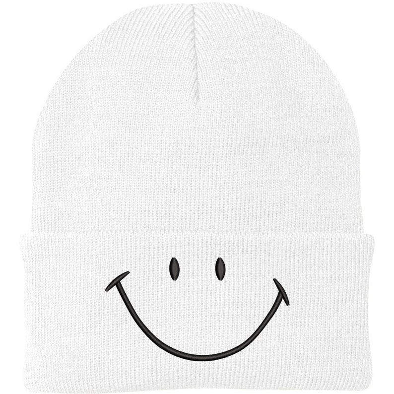 Smiley Face Knitted Cuffed Embroidered Acrylic Beanie Funny Face Winter ...
