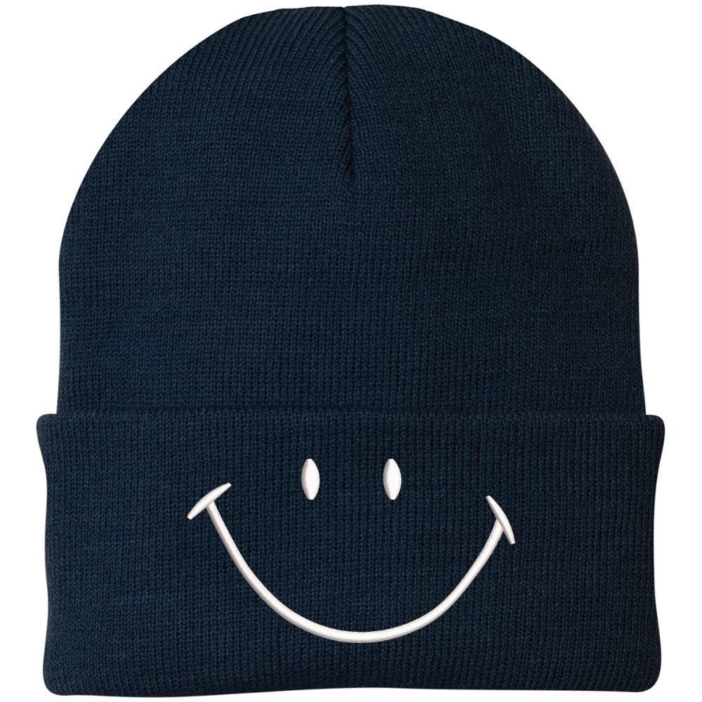 Smiley Face Knitted Cuffed Embroidered Acrylic Beanie Funny Face Winter ...
