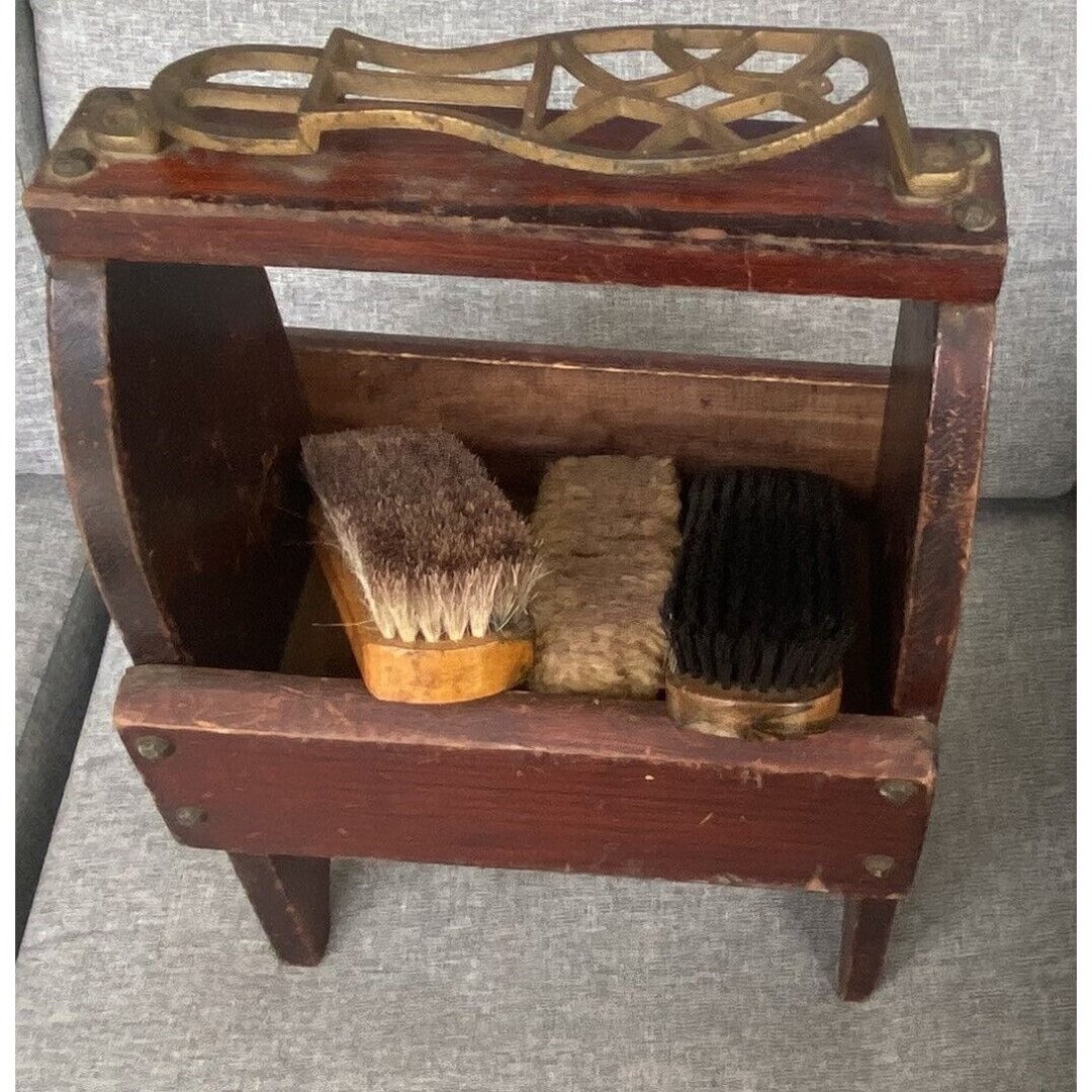 Vintage Shoe Shine Caddy Wood Carry Tote Box With Metal Brass Shoe ...