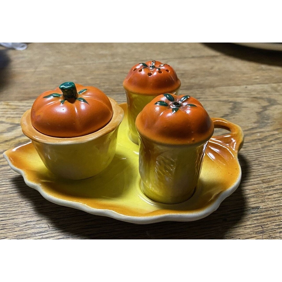 Vintage Condiment Set With Tray Japan Orange Tomato Salt and Pepper ...