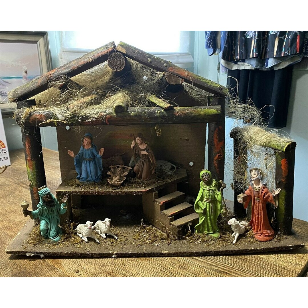 Vintage Nativity Creche Wood Manger Scene With Figures Rustic Christmas ...