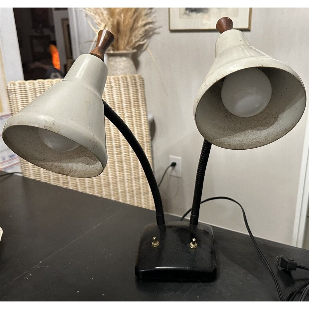 Vintage Double GOOSENECK Desk Wall Lamp Industrial Steampunk MCM Metal ...