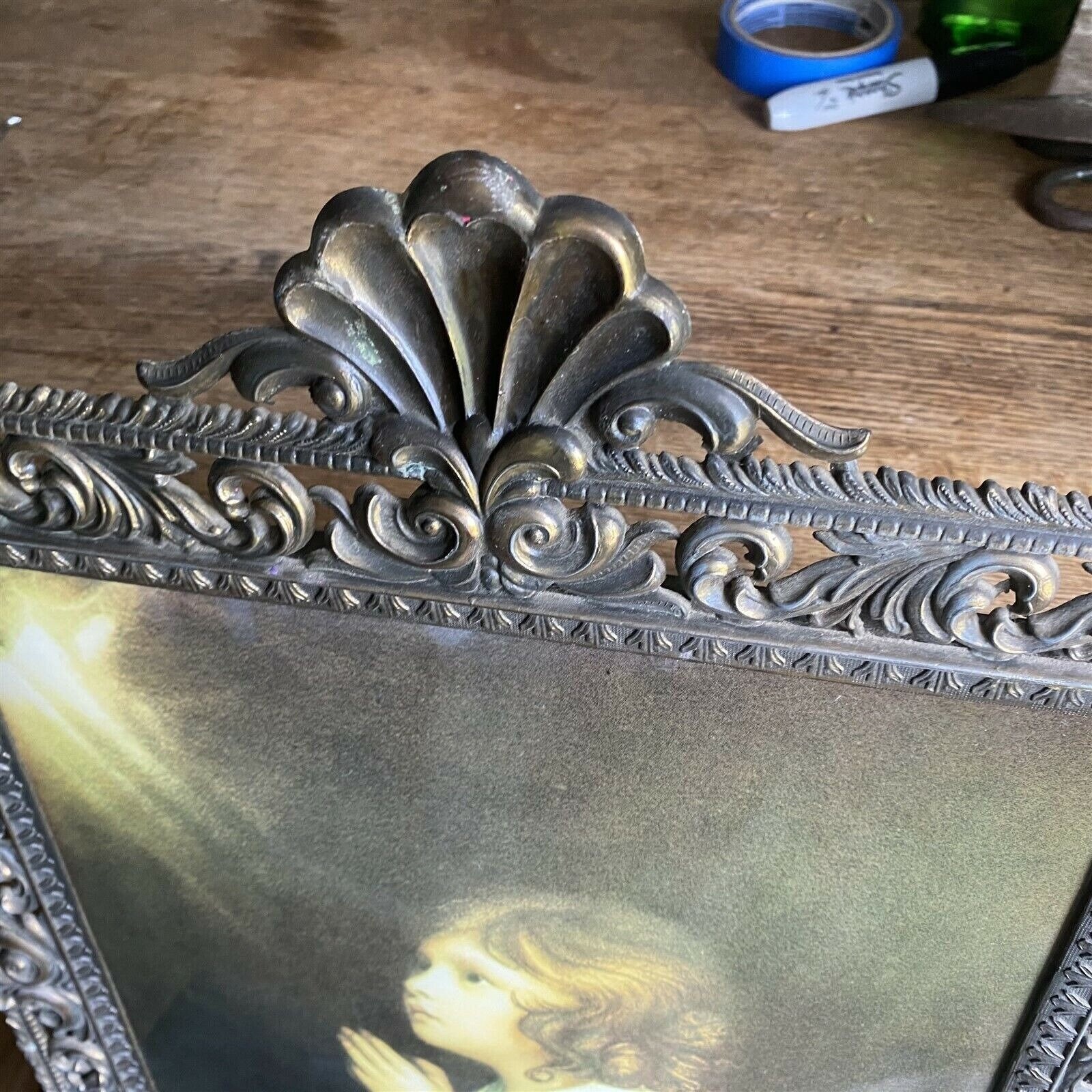 Infant Samuel in Prayer Metal Frame Vintage Print Praying Convex Glass ...