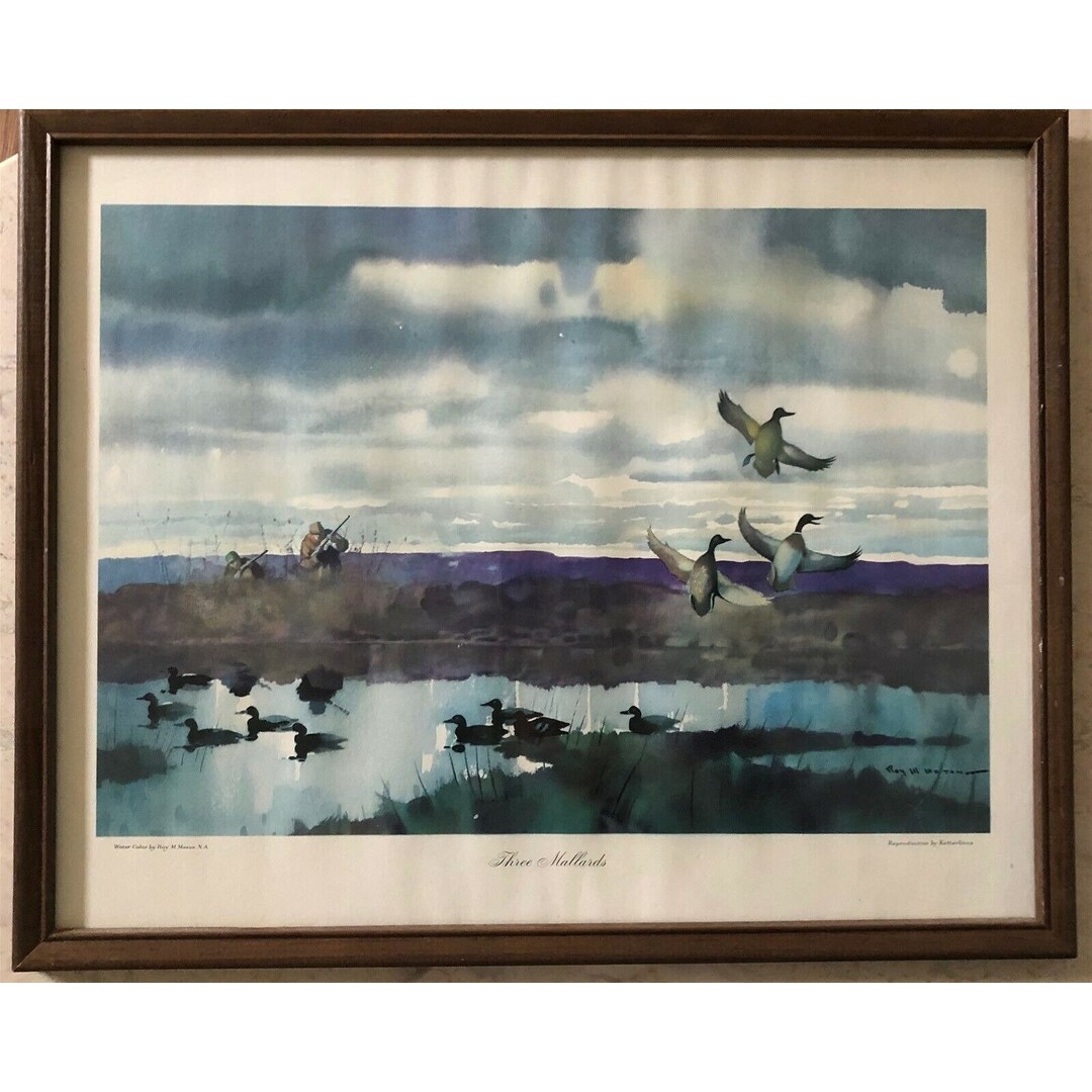 Three Mallards Duck Hunt Roy M. Mason Watercolor Art Print Framed ...