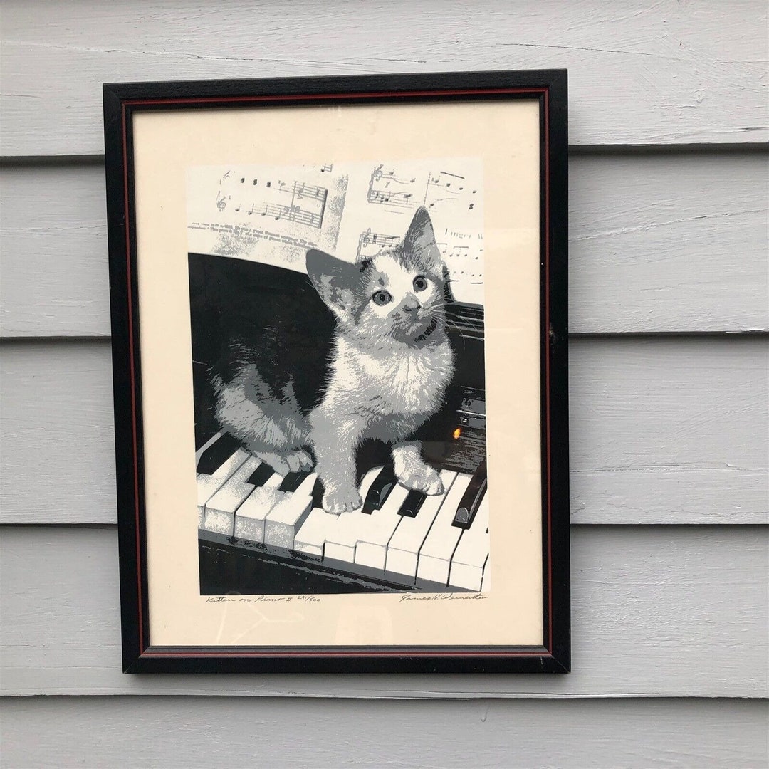 JAMES H. WENNERSTEN Silk Screen Print Framed Art Kitten on Piano291/500 ...