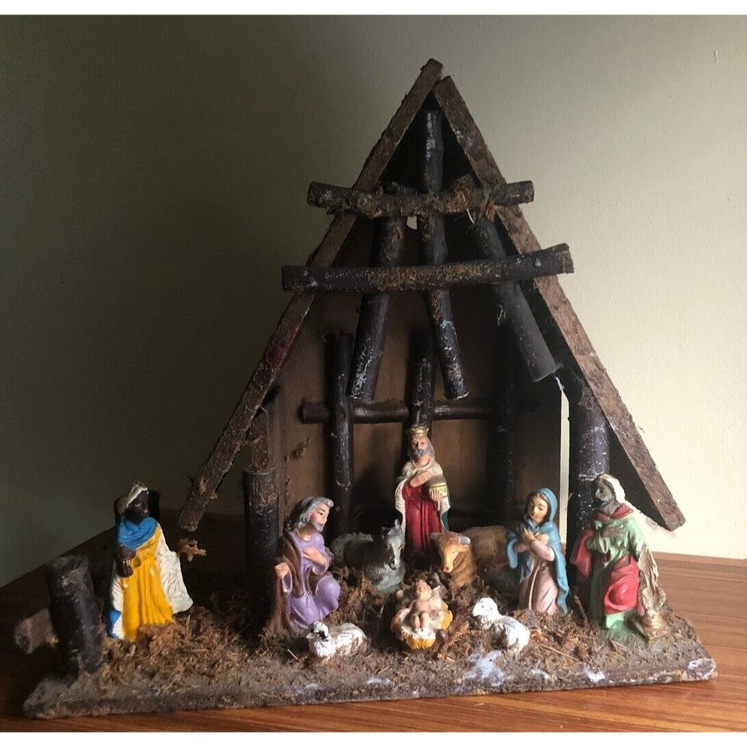 Vintage Nativity Set Wood Creche Rustic 10 Figures Paper Mache With ...