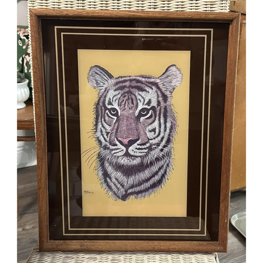 Vintage Tiger Print in Rustic Frame by Artist Marjorie Brice MCM Home ...