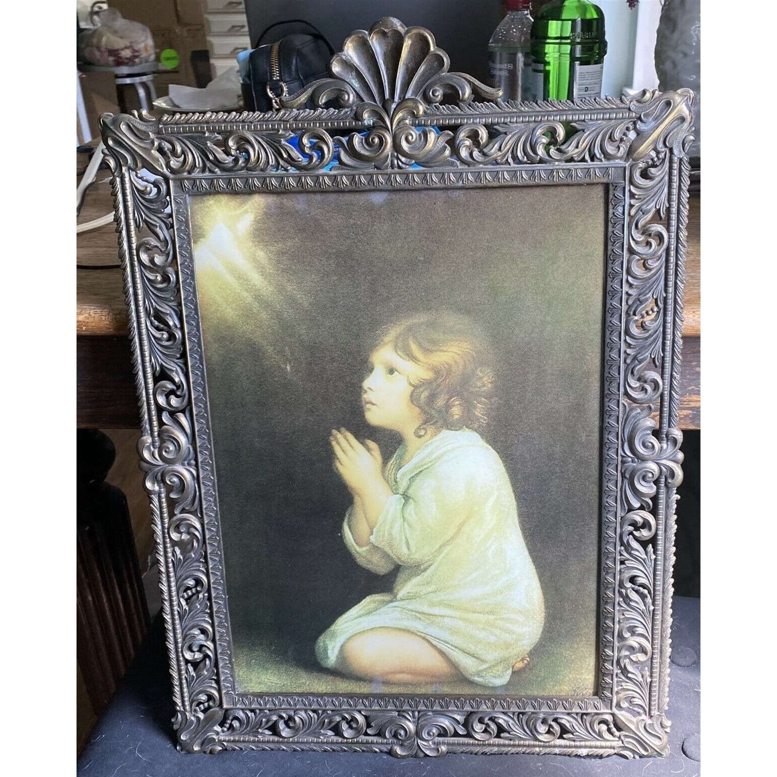 Infant Samuel in Prayer Metal Frame Vintage Print Praying Convex Glass ...