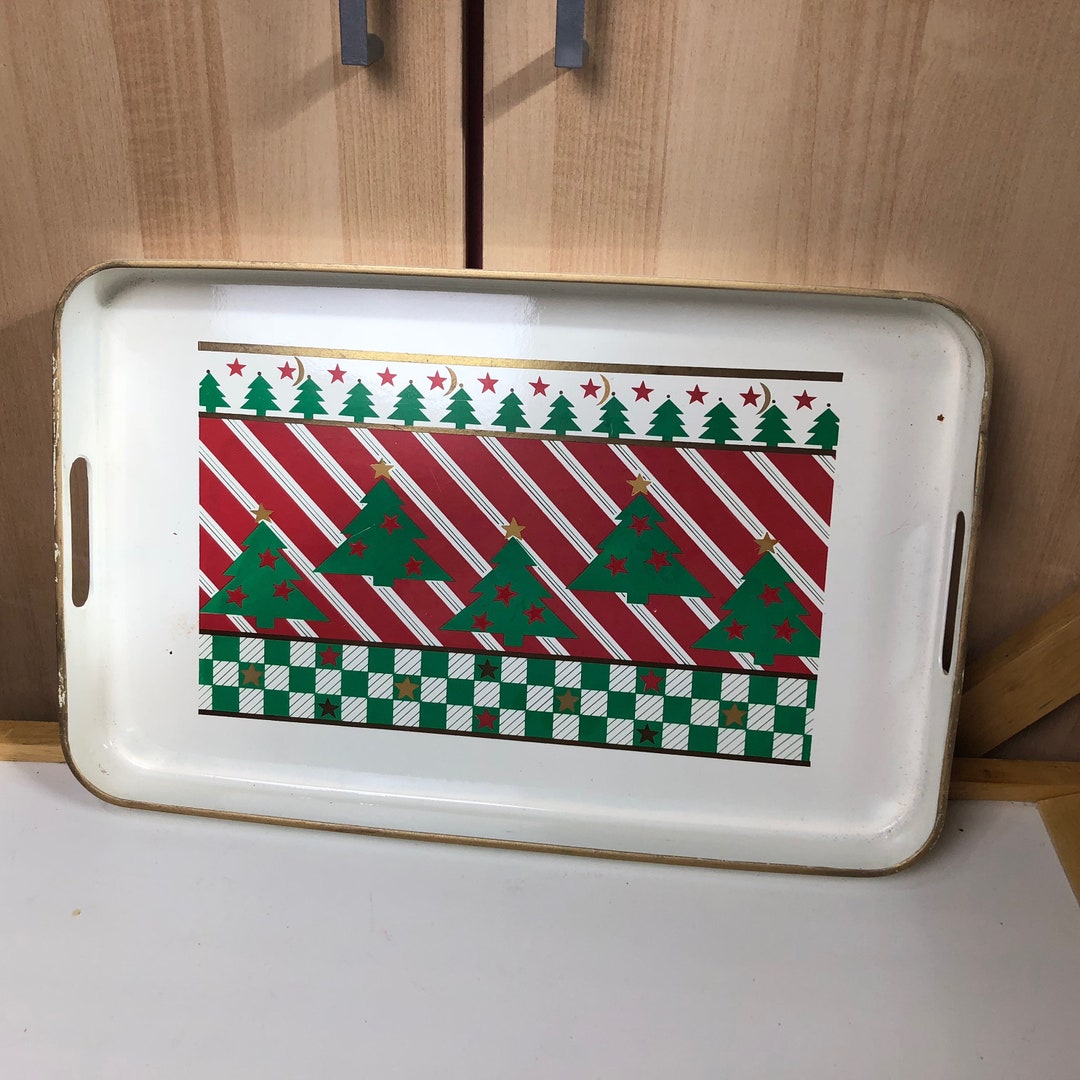 Vintage Otagiri Lacquerware Tray Christmas Tree Stars Rectangle Handled ...