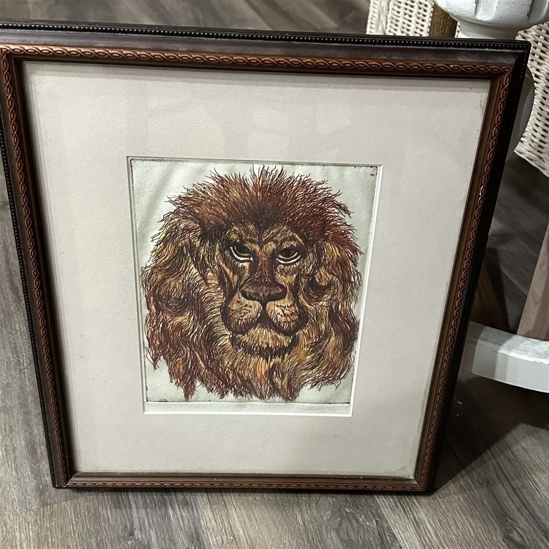 Framed Art Print Lion Mid Century Signed Numbered Portrait Woodblock ...