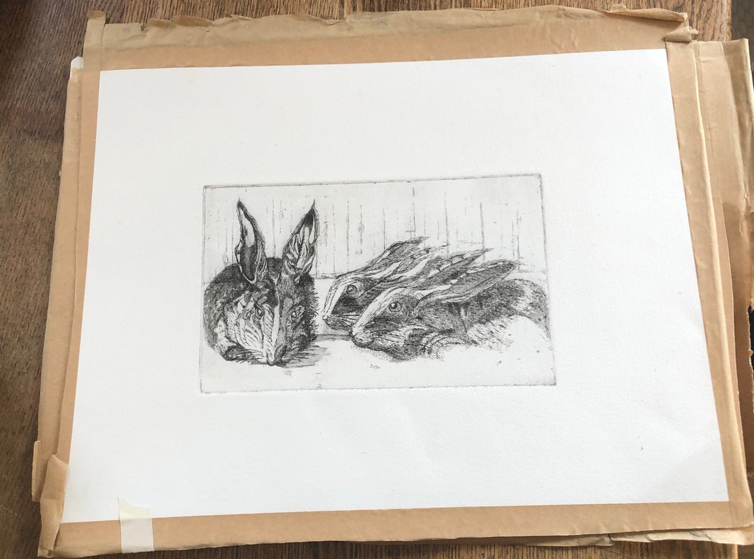 Rabbit Etching Woodcut Group of 3 Rabbits Bunnies Animal Art Easter ...