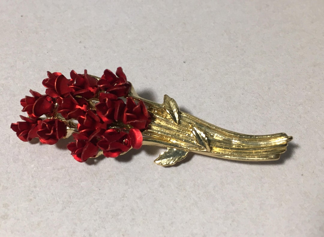 VTG Signed DM 97 Bouquet Dozen Long Stem Red Roses Flower Pin Brooch ...