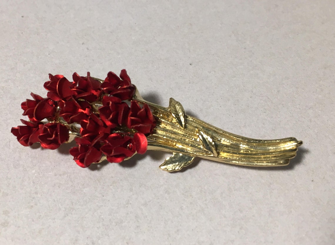 VTG Signed DM 97 Bouquet Dozen Long Stem Red Roses Flower Pin - Etsy