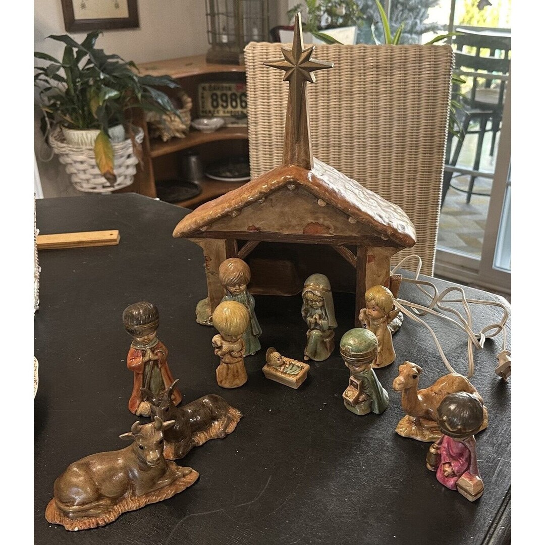 VINTAGE NATIVITY SET Duncan Mold Ceramic Creche Manger 1981 Rustic Star ...