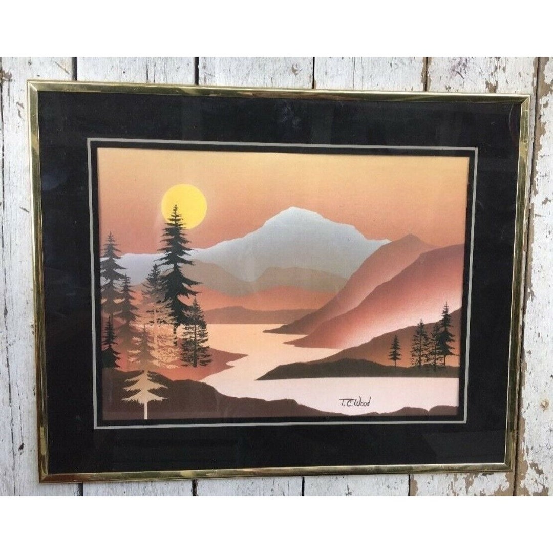 TC WOOD Landscape Print Modernist Framed Under Glass Mountain Trees ...