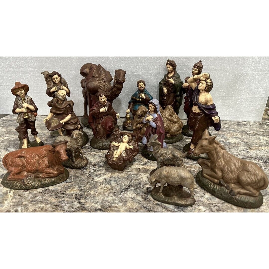 Vintage Atlantic Mold Ceramic Nativity Figures 17 Pieces Darker Colors ...