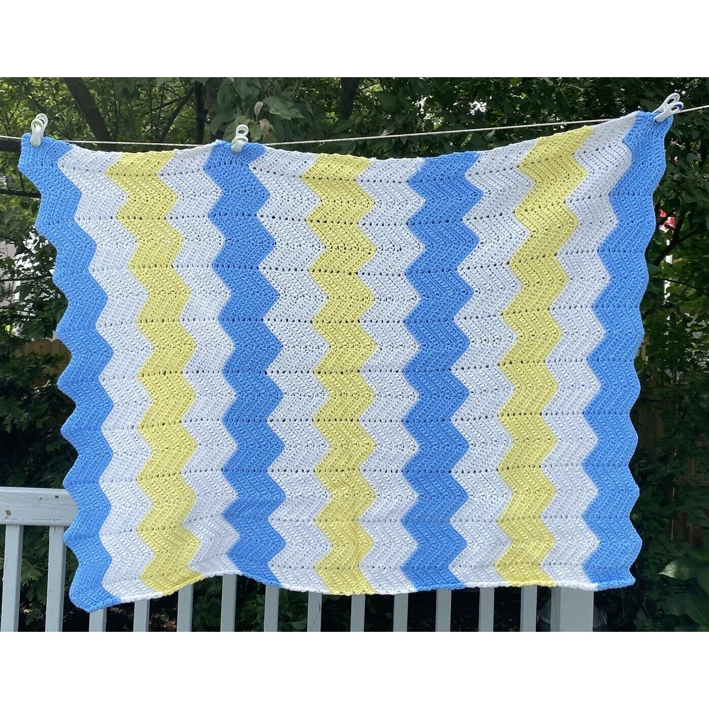 Vintage Baby Afghan Hand Crocheted Blue Yellow White Chevron - Etsy