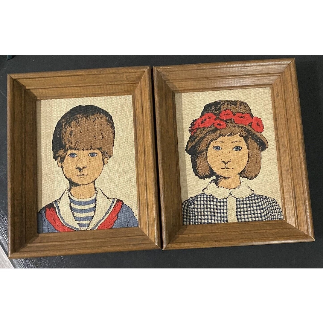 Vintage Kay Dee Hand Prints Pure Linen Framed Pair Boy Girl Sailor Mid ...
