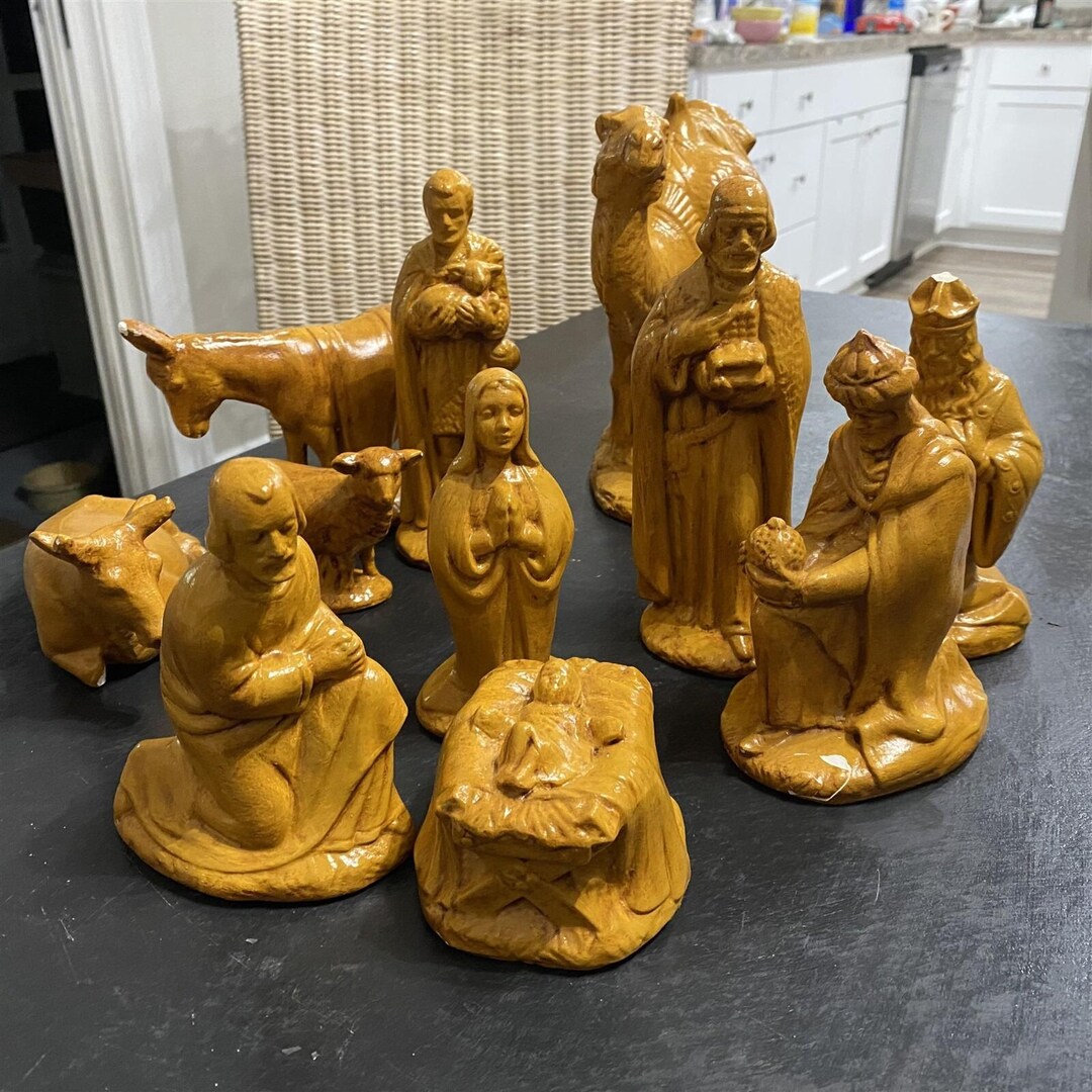 Vintage Ceramic Nativity Set Atlantic Mold Amber Gold Beige 70's Glaze ...