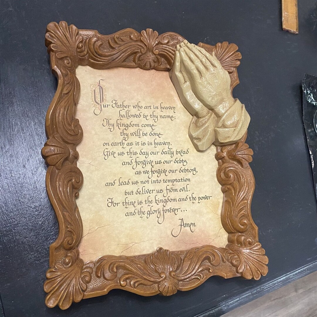 Vintage Plaque THE LORDS PRAYER 3D Praying Hands Ornate Faux Wood Resin ...