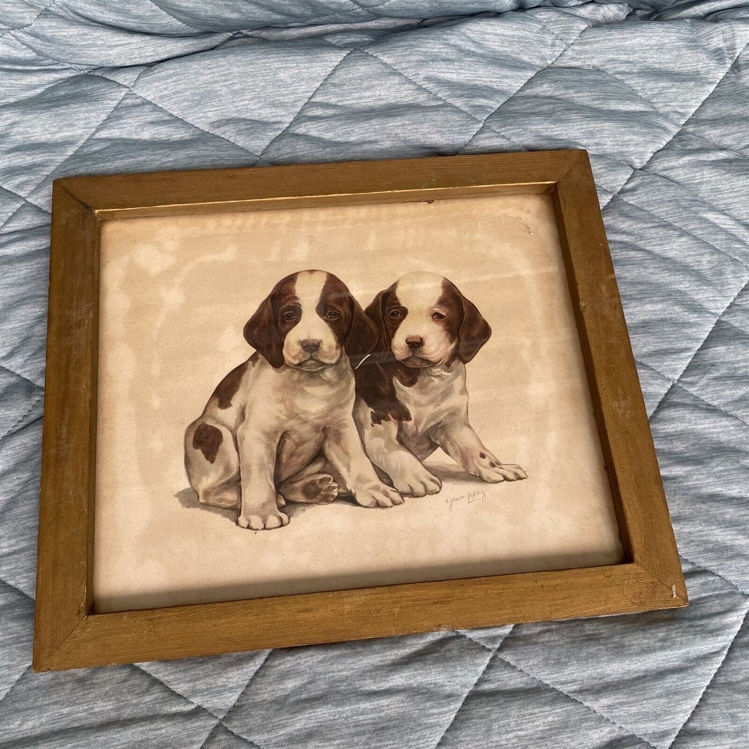 Vintage Grace Lopez Puppy Print Framed Rustic Cute - Etsy