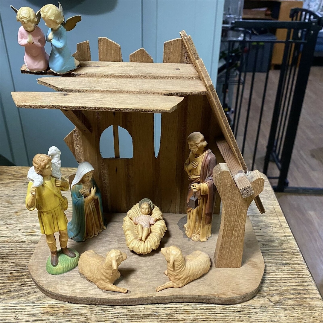 Vintage NATIVITY CRECHE MANGER Stable Mid Century Wood Rustic With ...