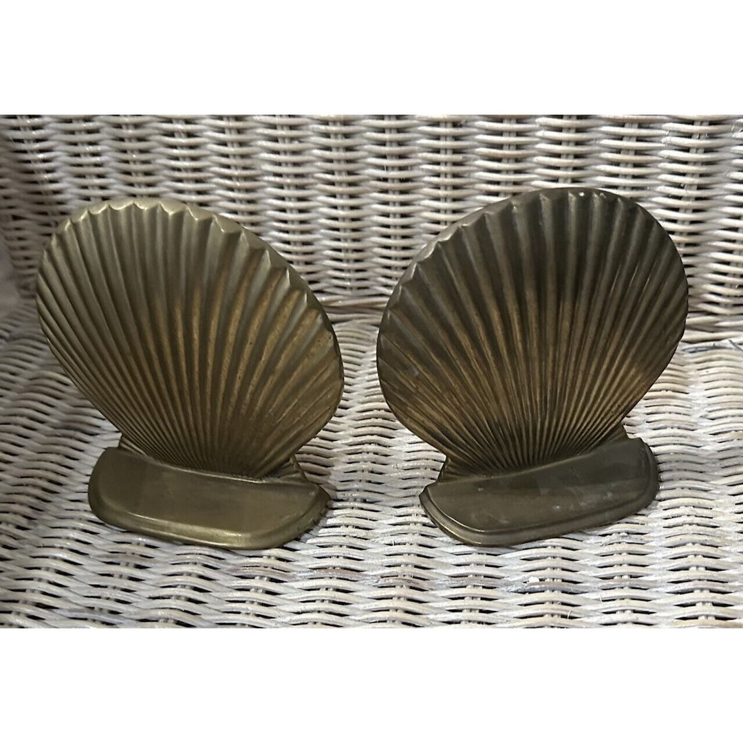 Vintage Pair Cast Brass Scallop Shell Bookends ANDREA BY SADEK Coastal ...