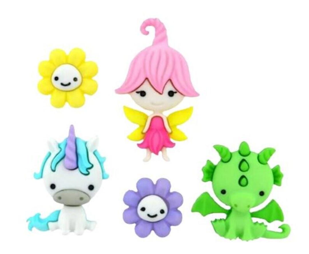 Kawaii Fairy Tale Buttons: Unicorn, Dragon, Fairy, Daisies - Dress It ...