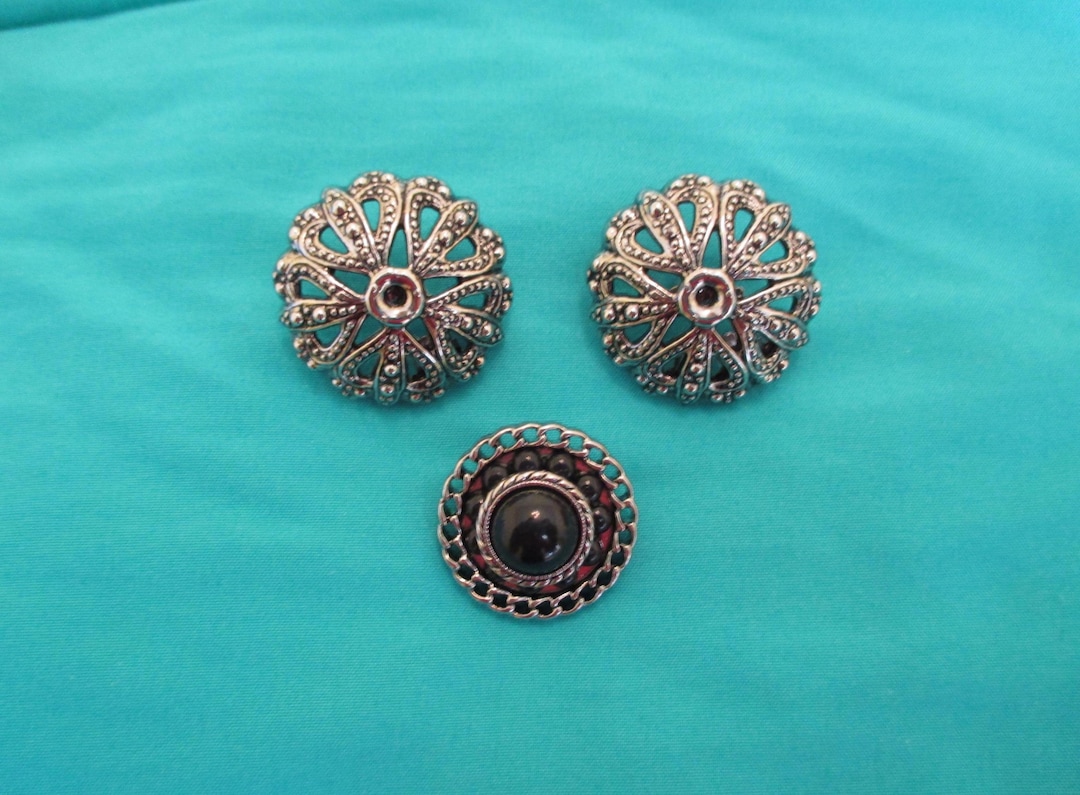 3 Shank Buttons, Metalized Silver Tone Plastic, Black Beads, Faux Pearl ...