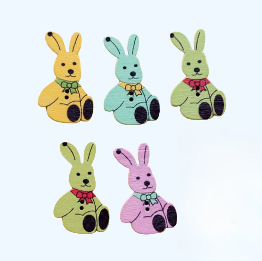 5 Plush Bunny Buttons, Stuffed Rabbit Buttons, Wooden 2 Hole Buttons ...