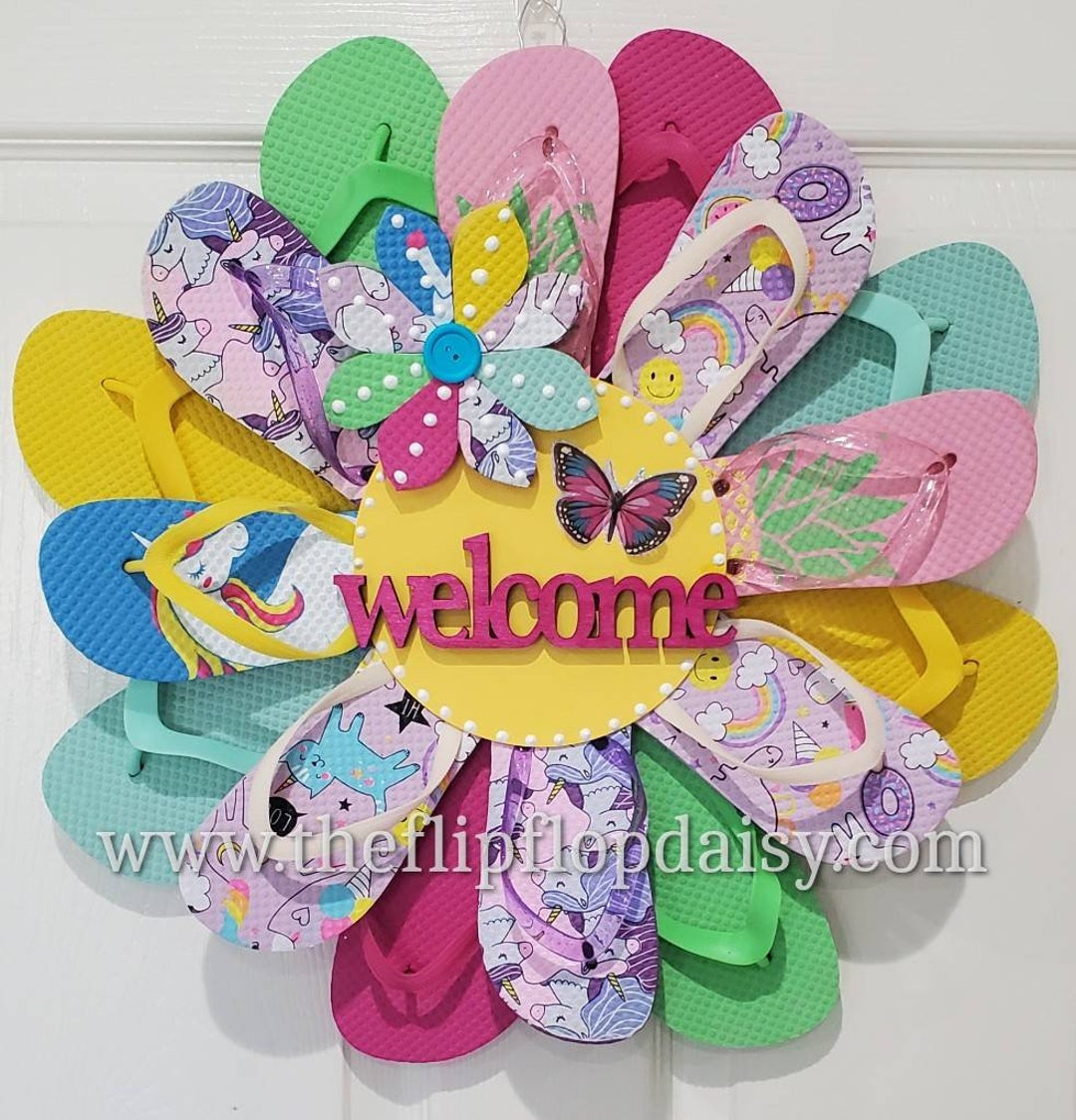 Welcome Flip Flop Wreath Tropical Door Decor Coastal Florida Butterfly ...