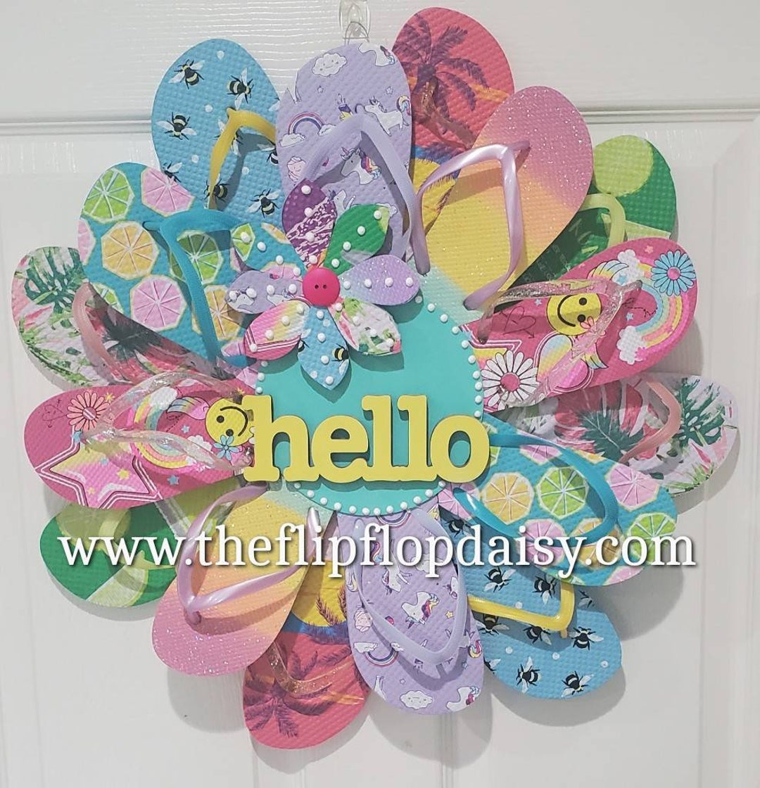 Hello Flip Flop Wreath Door Wall Decor Unique Gift Beach Ocean Indoor ...
