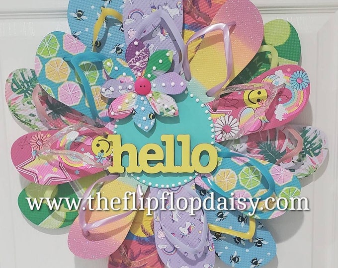 Hello Flip Flop Wreath Door Wall Decor Unique Gift Beach Ocean Indoor ...