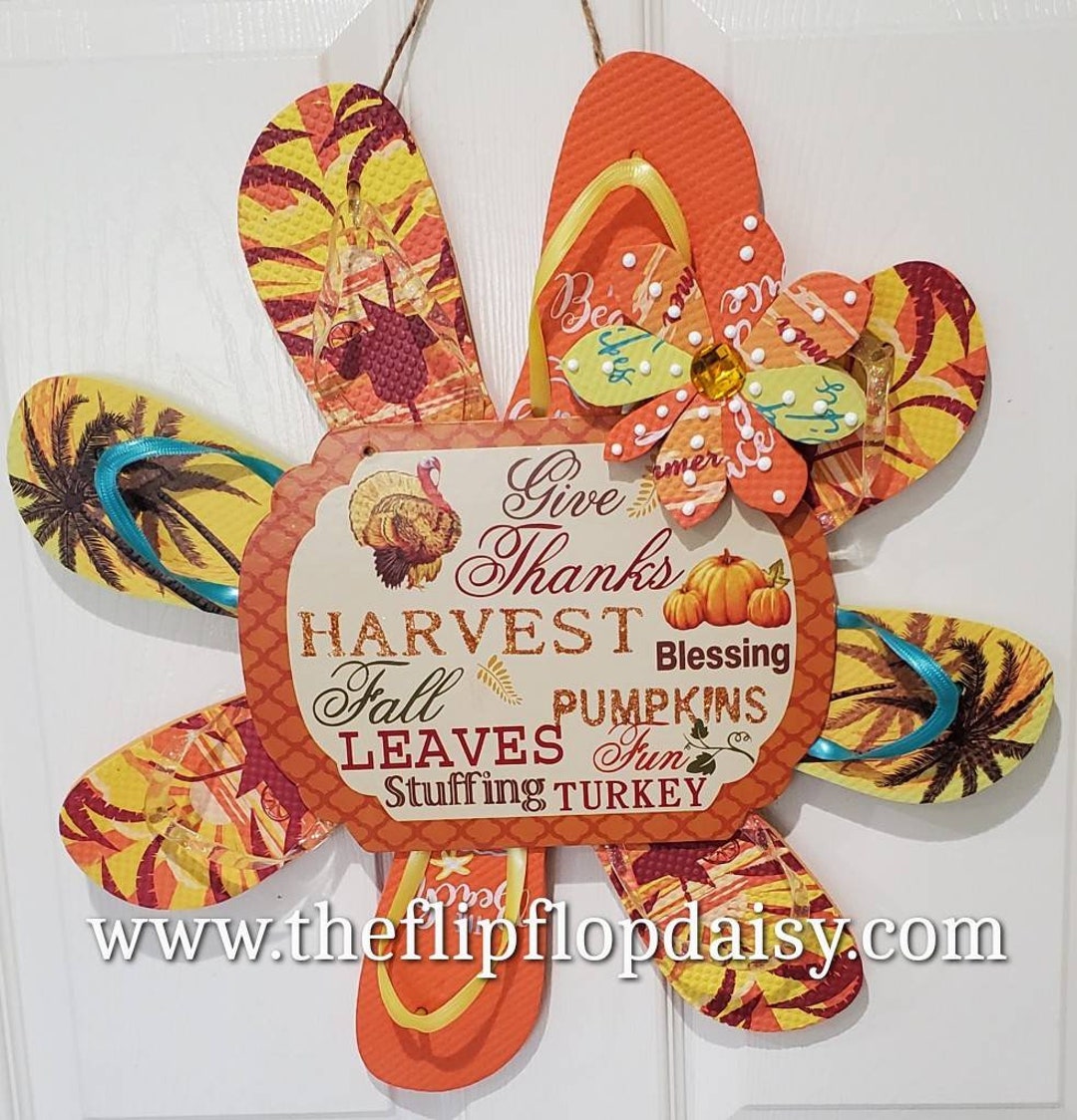 Happy Harvest Give Thanks Fall Flip Flop Wreath Door Decor Coastal ...