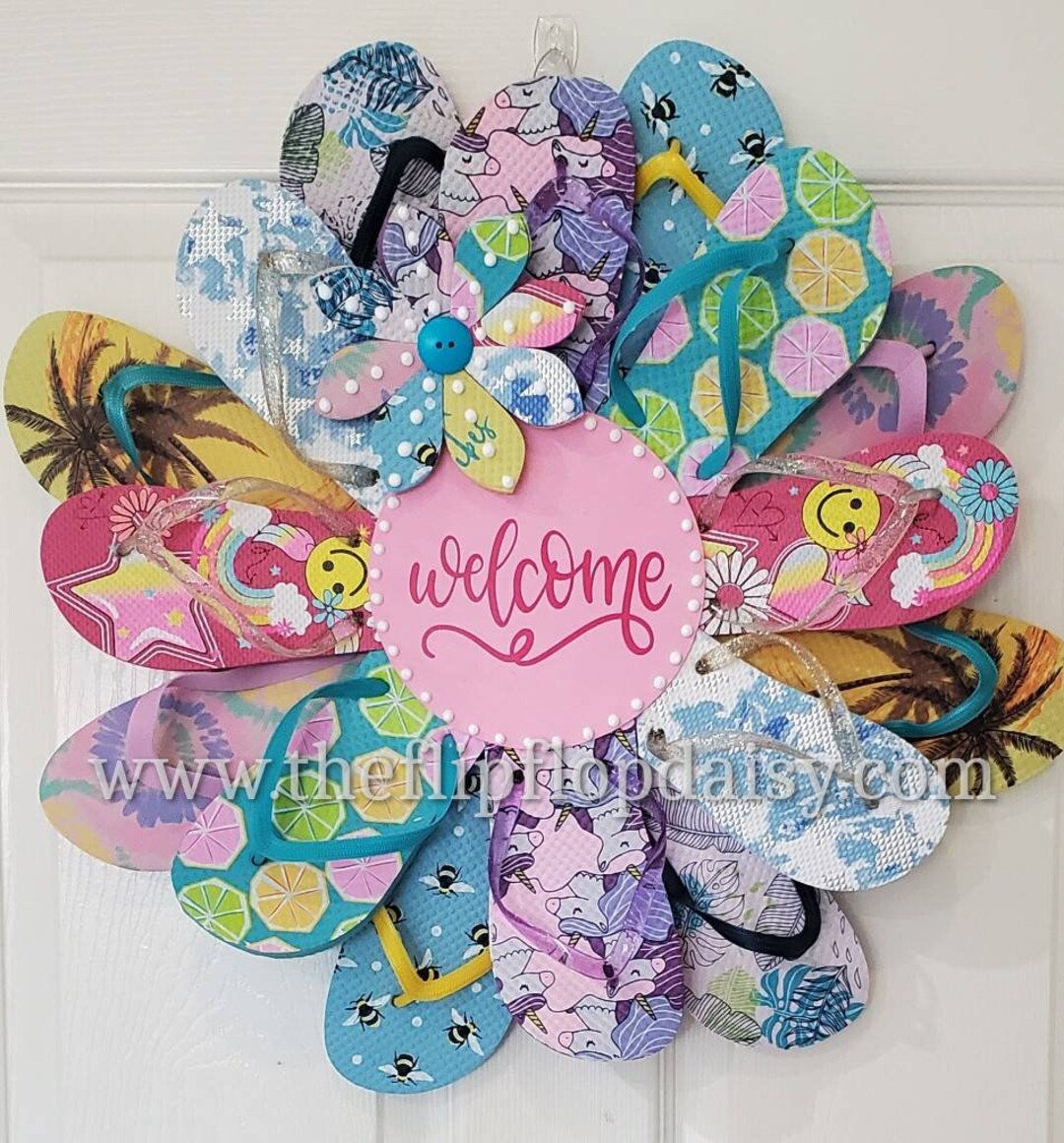 Welcome Flip Flop Wreath Tropical Door Decor Coastal Glitter Florida - Etsy