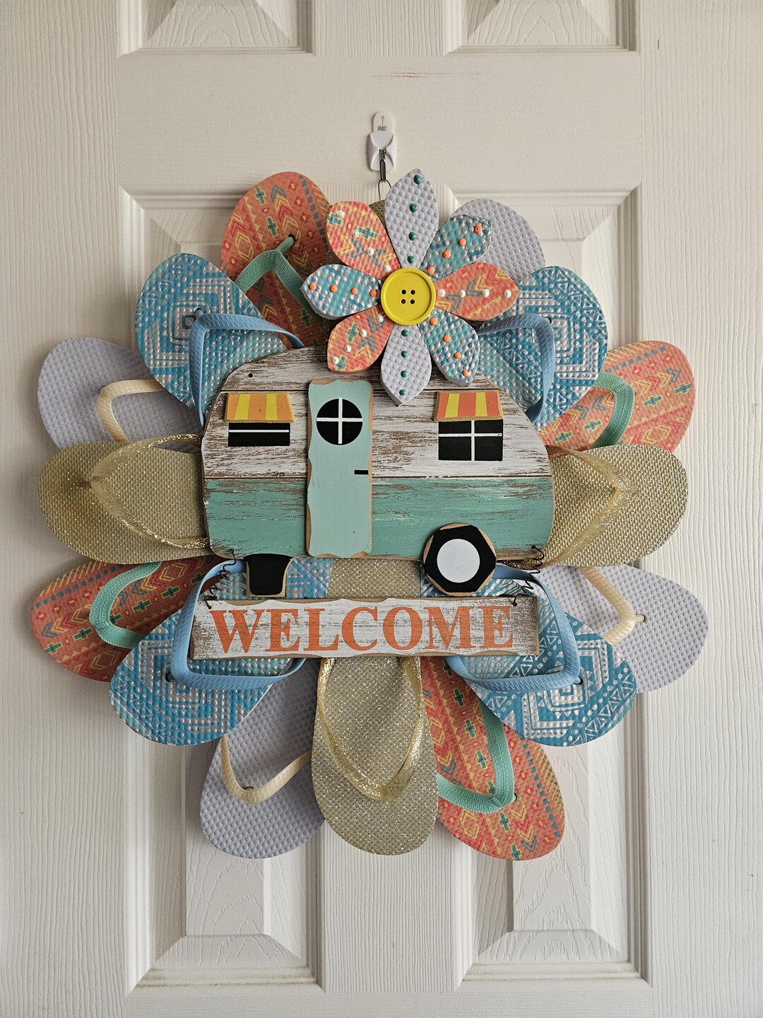 RV Welcome Flip Flop Wreath Door Wall Decor Unique Gift Camping Glitter ...