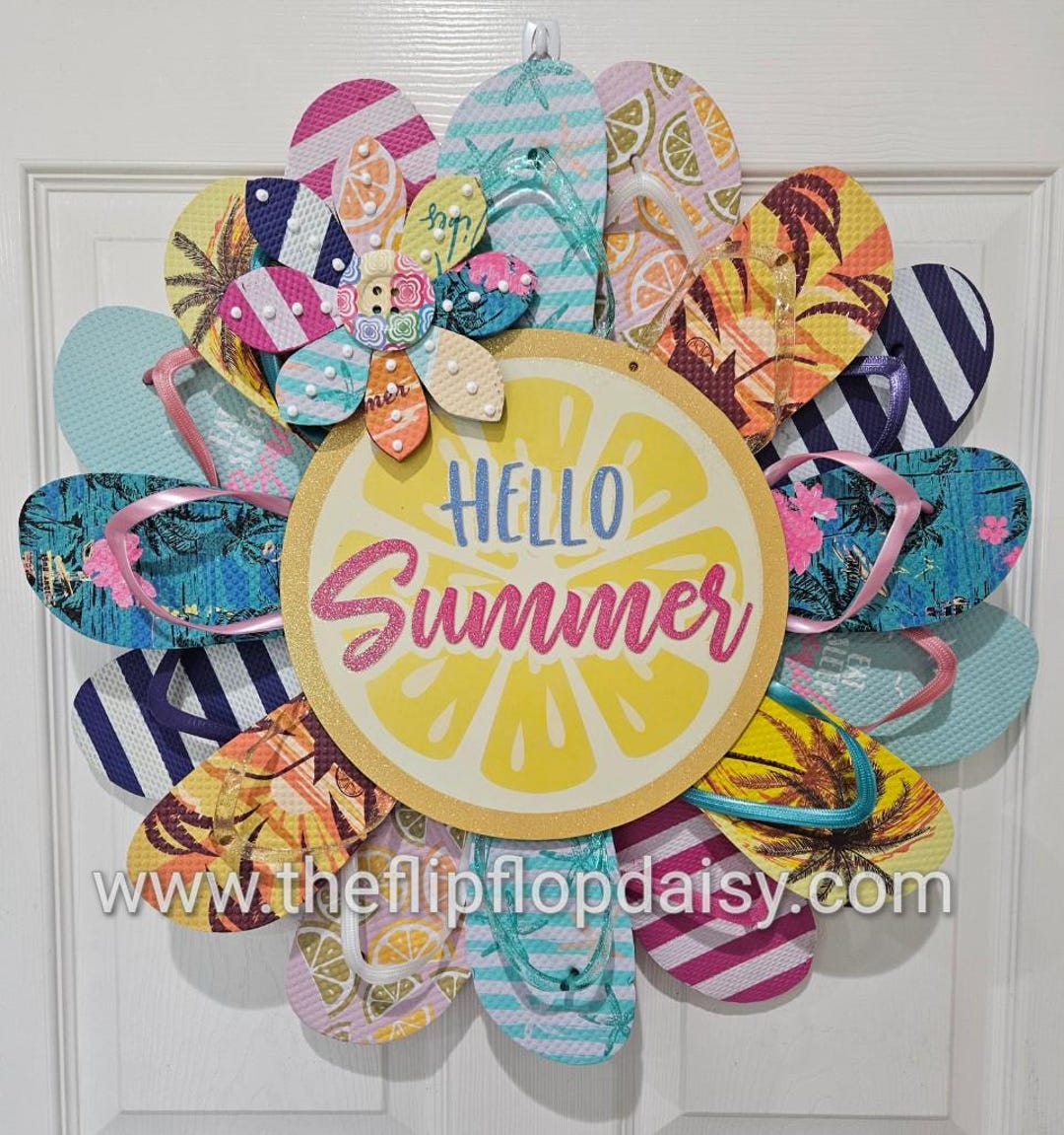 Hello Summer Flip Flop Wreath Door Wall Decor Beach House Ocean Coastal ...