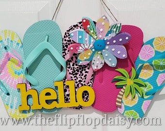 Hello Summer Flip Flop Wreath Tropical Door Decor Beach Flamingo Cruise ...