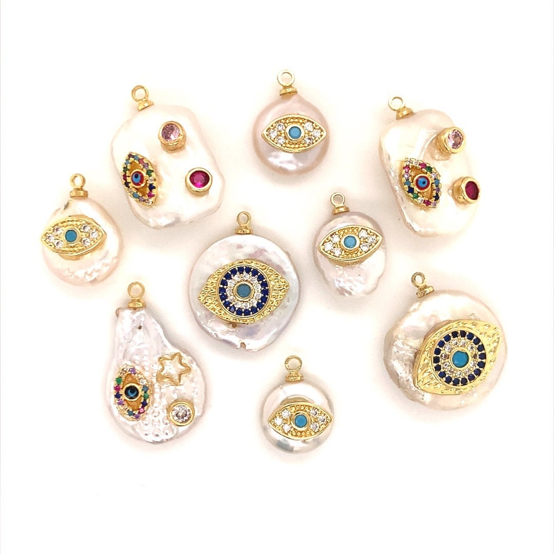 18K Pearl Gold Evil Eye Charm,gold Lucky Eye Boho Charms,dainty Evil ...