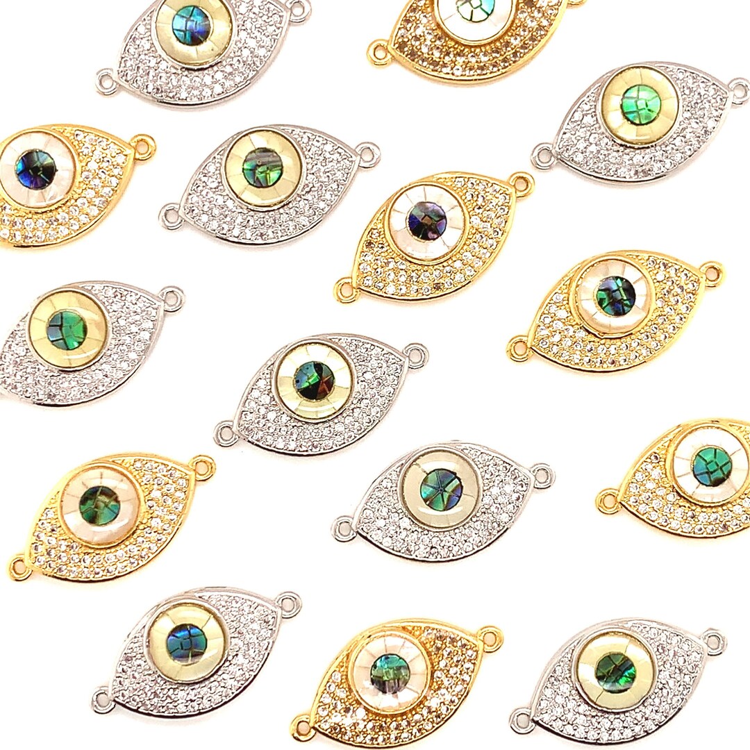 Gold CZ Evil Eye Connector Charm, Silver Lucky Eye Charm for Bracelet ...