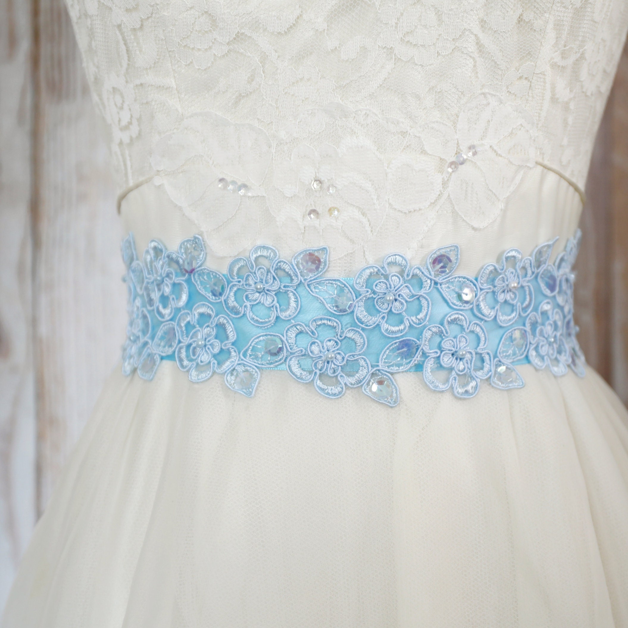 Light Blue Beaded Lace Sash Bridal Light Blue Sash | Etsy