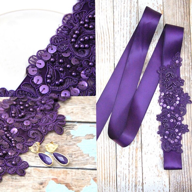 Plum Beaded Light Gold Lace Sash Belt Dark Purple Sash Etsy