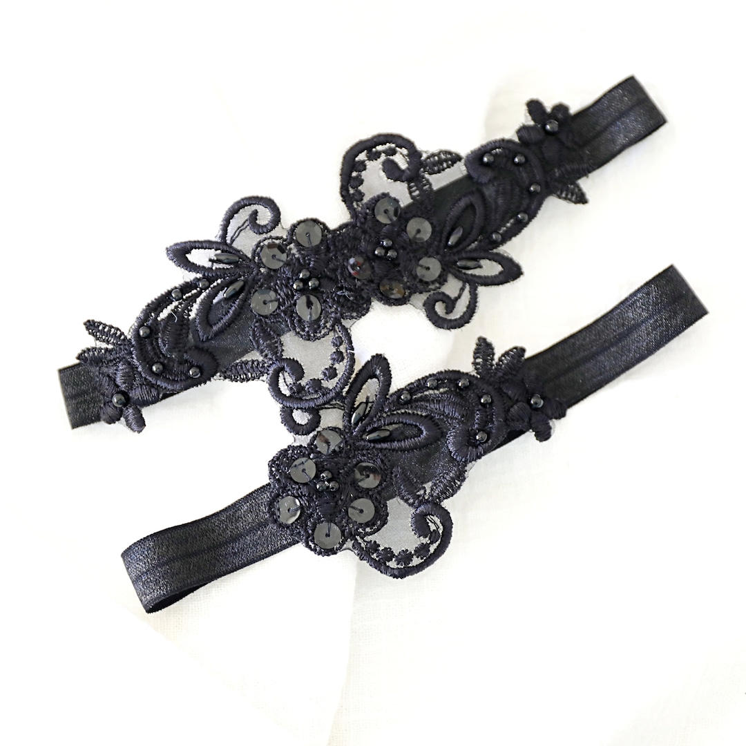 Black Lace Wedding Garter Set, Beaded Bridal Garters - Etsy