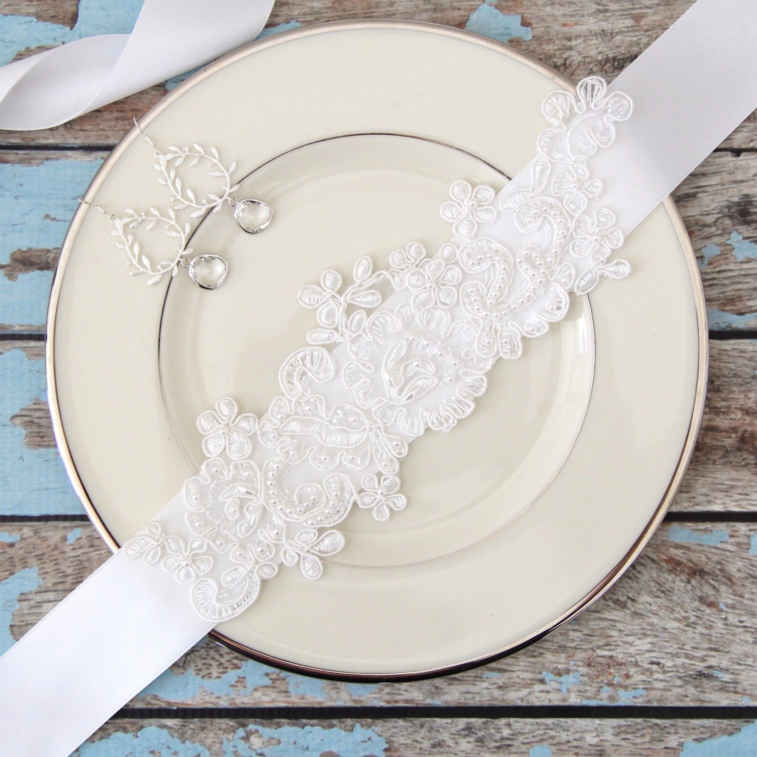 White Pearl Beaded Alencon Lace and White Ribbon Sash Bridal | Etsy