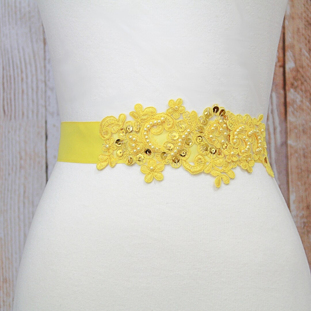 Yellow Beaded Lace Sash Belt, Bridal Yellow Sash, Bridesmaid Sash ...