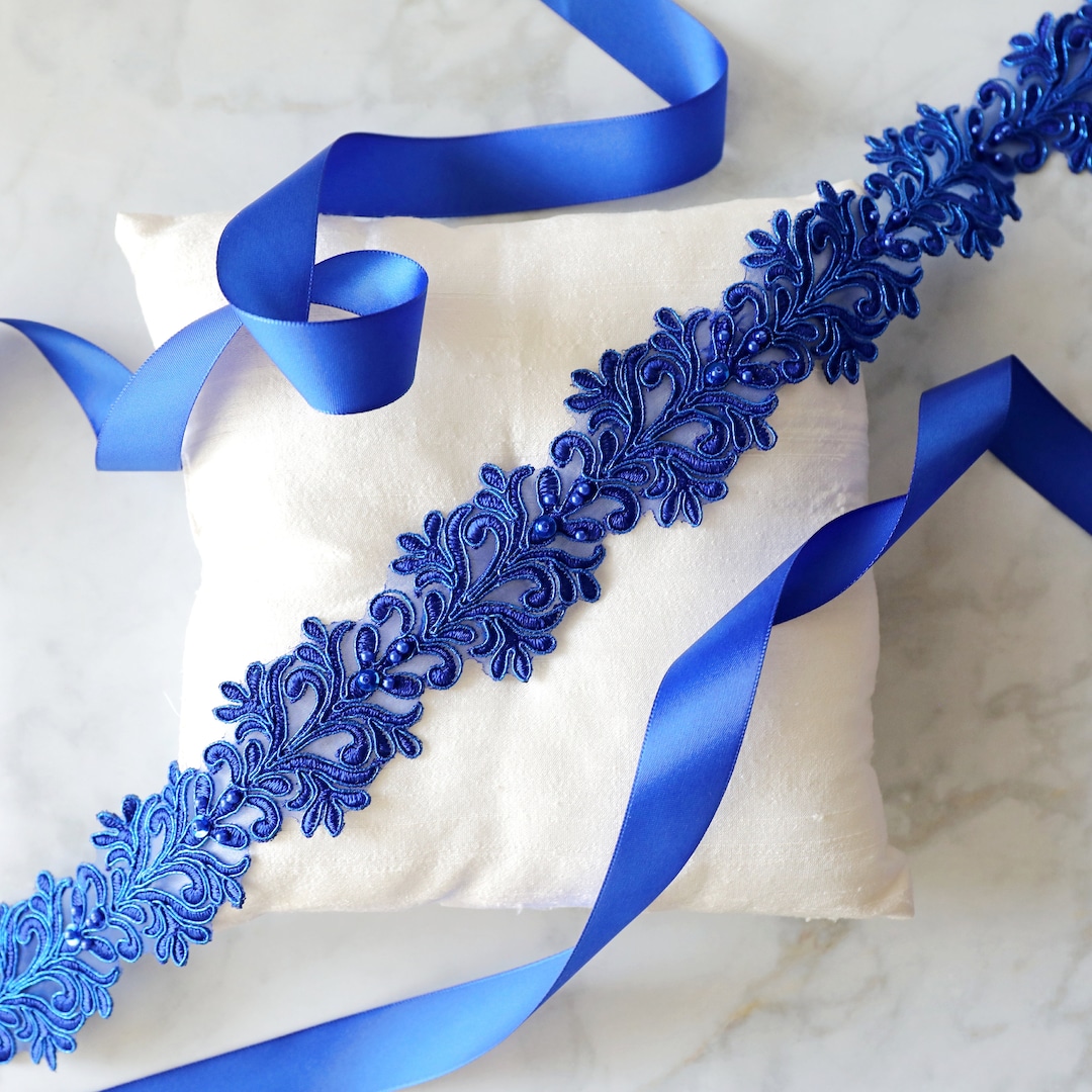 Royal Blue Beaded Lace Sash, Bridal Royal Blue Sash, Bridesmaid Blue ...