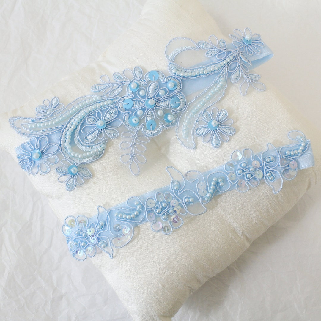 Light Blue Beaded Lace Garter Set, Bridal Blue Garter, Wedding Blue ...
